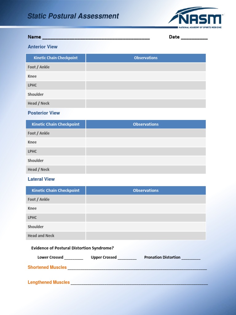 Nasm-Cpt Static Posture Assessment Templates - (Obj-Asse) | PDF