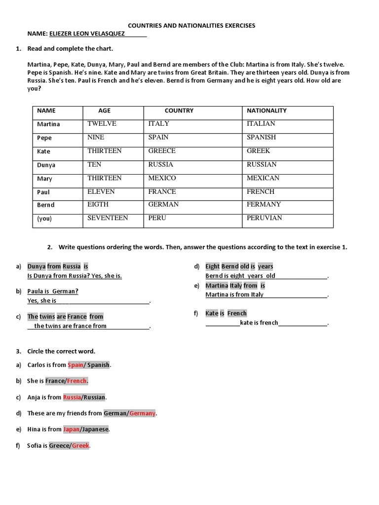 Practice 01-Countries - and - Nationalities - Exercises | PDF ...