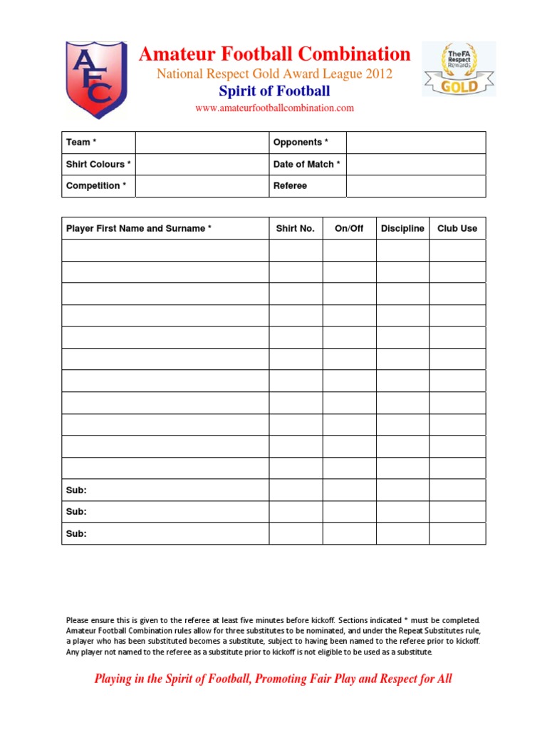 AFC Team Sheet | PDF