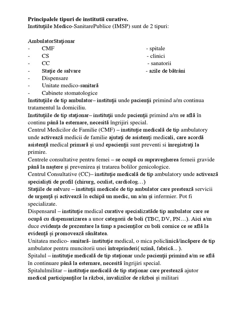 Principalele Tipuri de Institutii Curative | PDF
