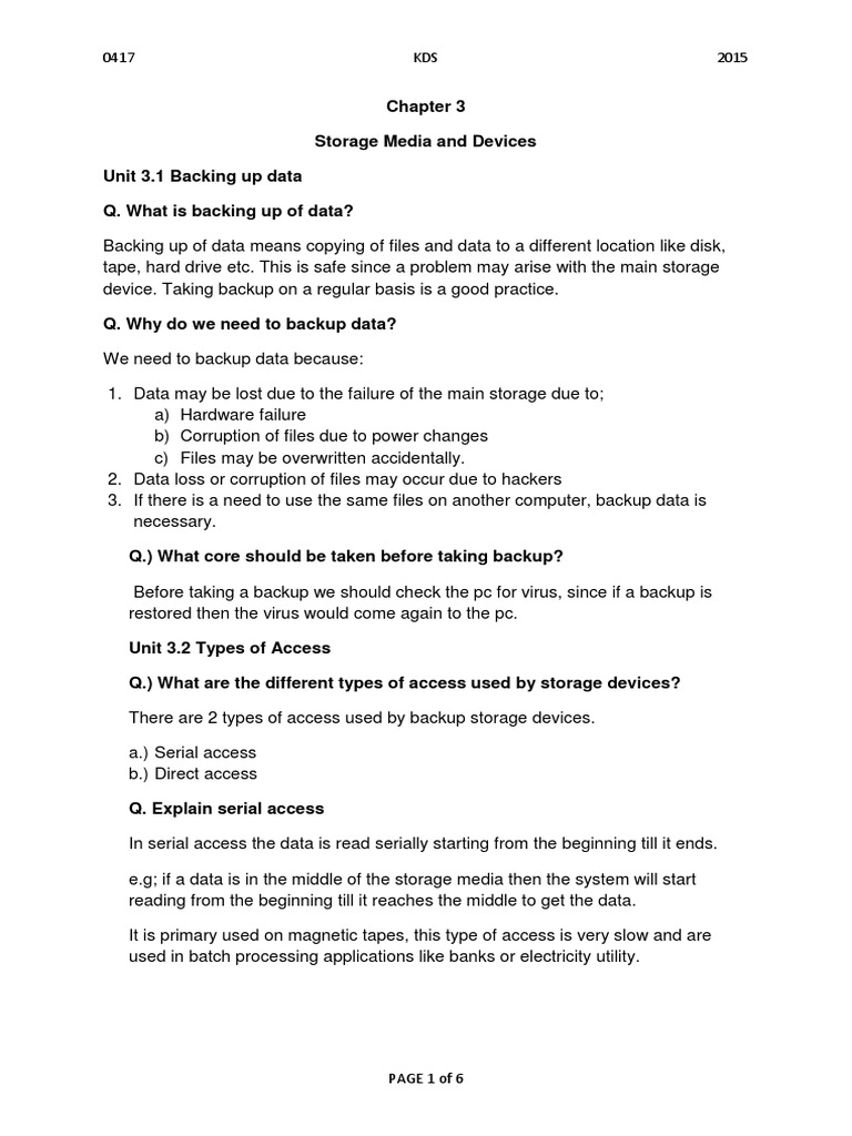 ICT IGCSE CHAPTER 3 SUMMARY | Computer Data Storage | Backup