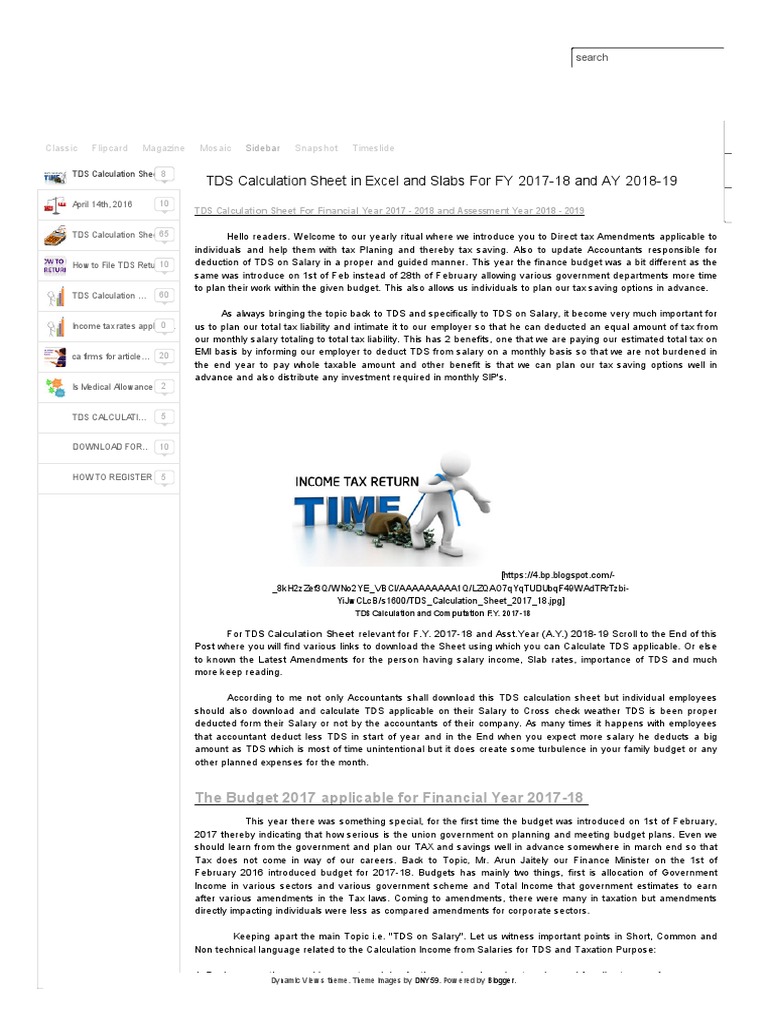 TDS Calculation Sheet in Excel and Slabs For FY 2017-18 and AY 2018-19 ...
