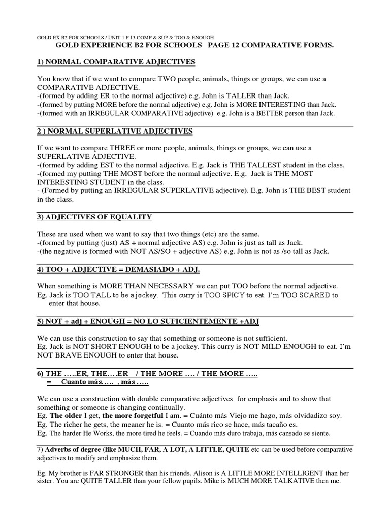 Gold Experience B2 For Schools. Unit 1 Comparative & Superlatives & Too ...