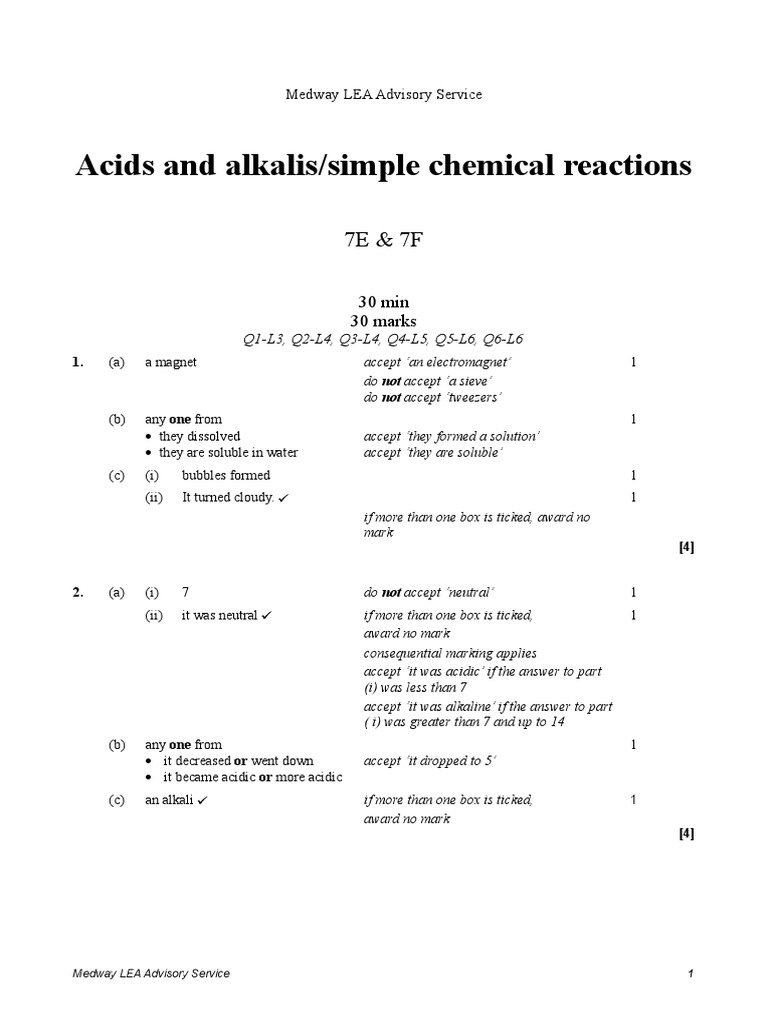Year 7 Acids and Alkalis Simple Chemical Reactionss | PDF | Ph | Oxygen