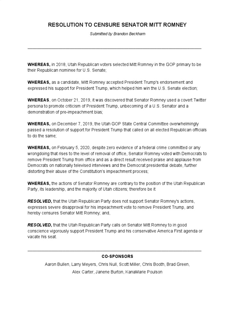 Censure Resolution for Senator Romney | PDF