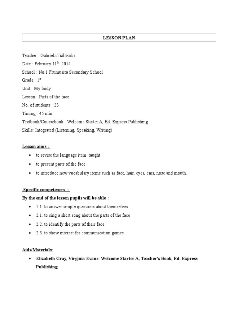 Parts of The Face Lesson Plan | PDF