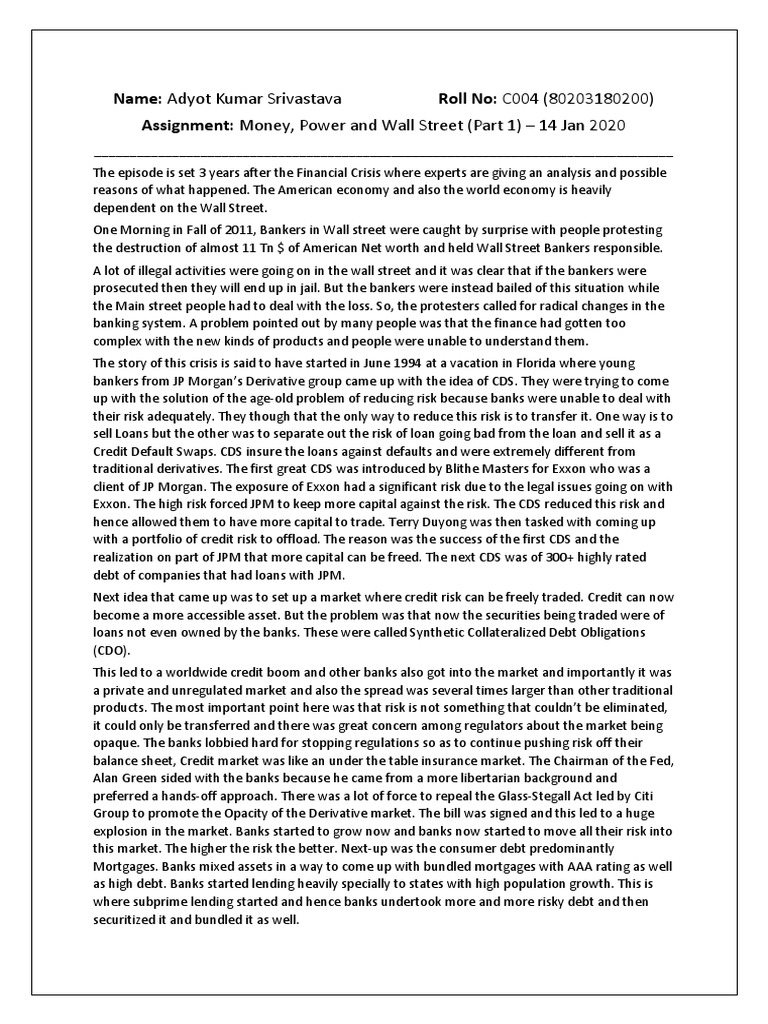 Money, Power Wall Street | PDF | Collateralized Debt Obligation ...