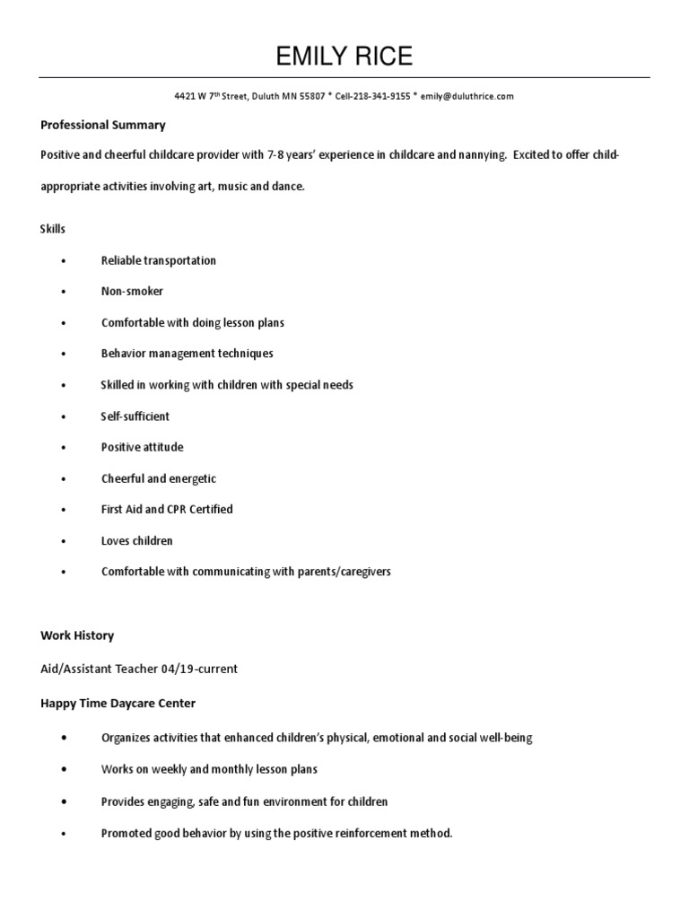 Resume Emily Rice | PDF | Child Care | Relationships
