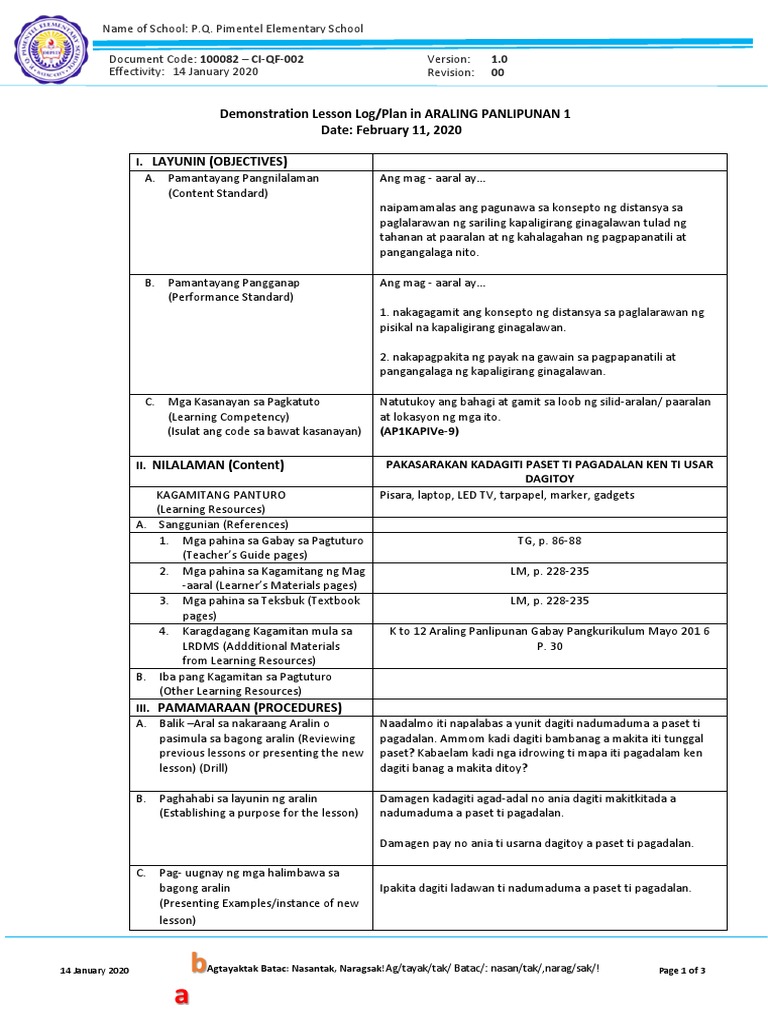 Demonstration Lesson Plan in AP1 | PDF