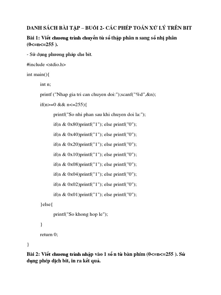 Danh Sach Bai Tap - Buoi 2 - Cac Phep Toan Xu Ly Tren Bit - Cau Truc Dieu Khien PDF | PDF