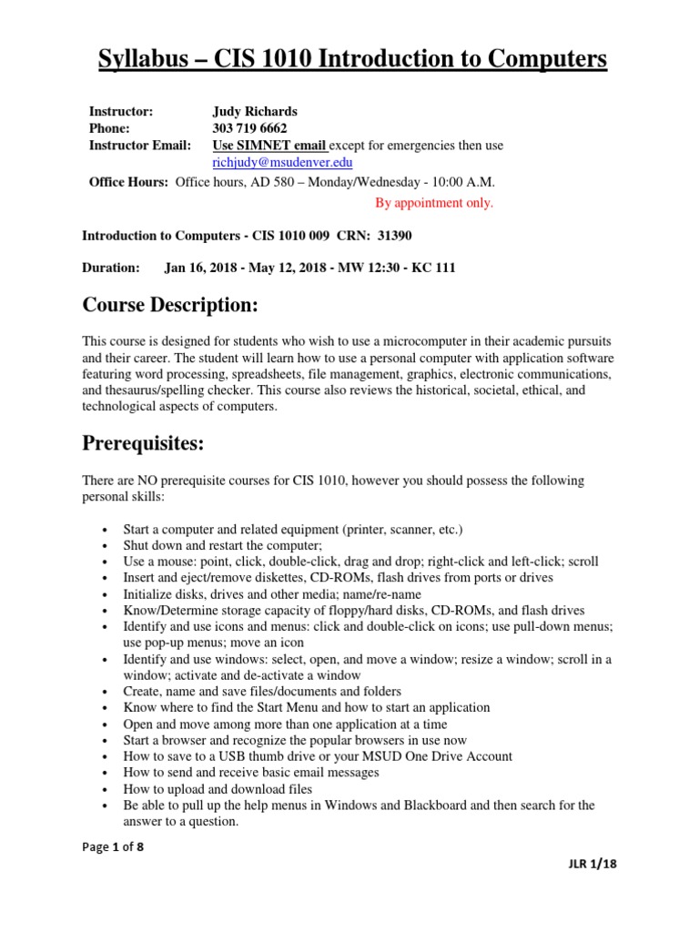 CIS 1010 Syllabus - Spring 2018 | PDF | Academic Dishonesty | Personal Computers
