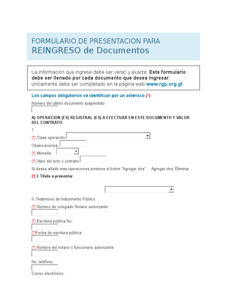 Formulario Reingreso Registro Propiedad | PDF
