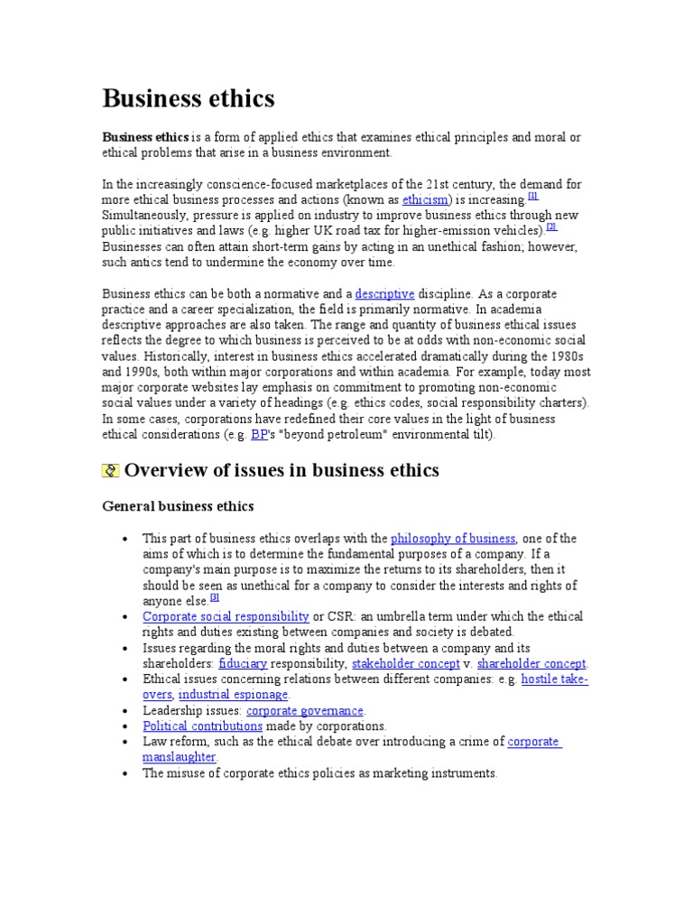 Overview of Issues in Business Ethics | PDF | Business Ethics ...