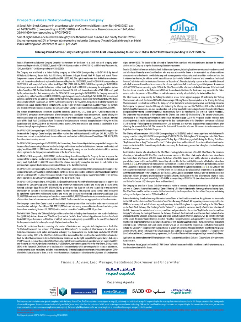 Prospectus Awazel Waterproofing Industries Company | PDF | Stocks | Riyadh