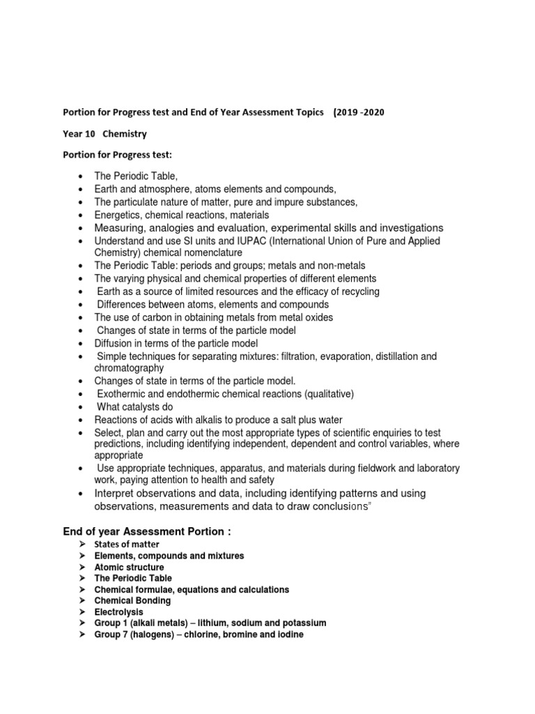 Progress Test and End of Year Assessment Topics Year 10 | PDF