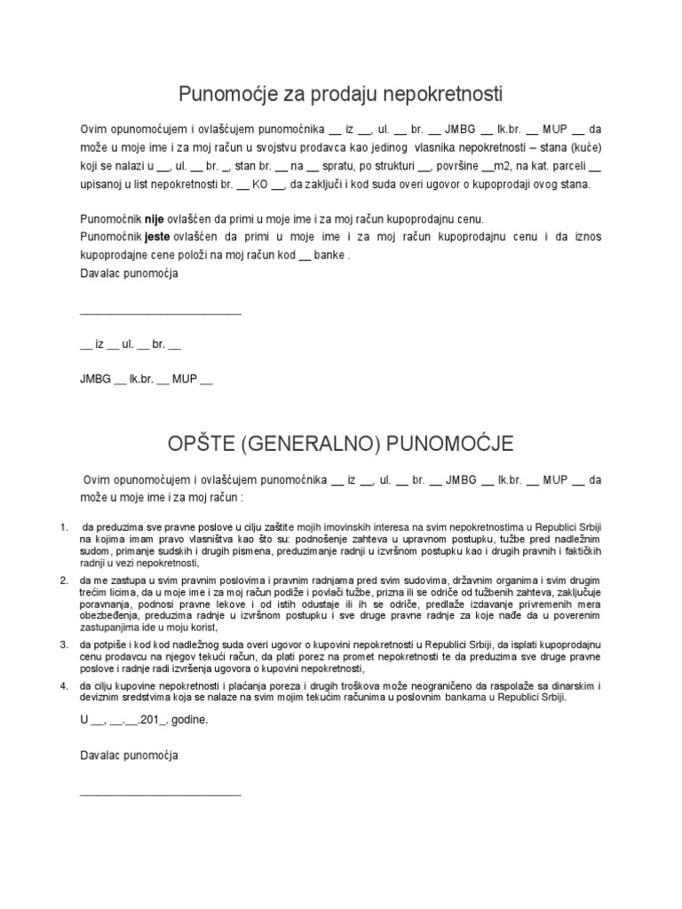 Punomoćje Za Prodaju Nepokretnosti | PDF