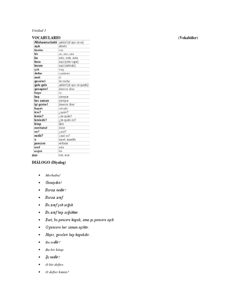 Unidad introductoria de vocabulario y diálogos básicos en turco | PDF ...