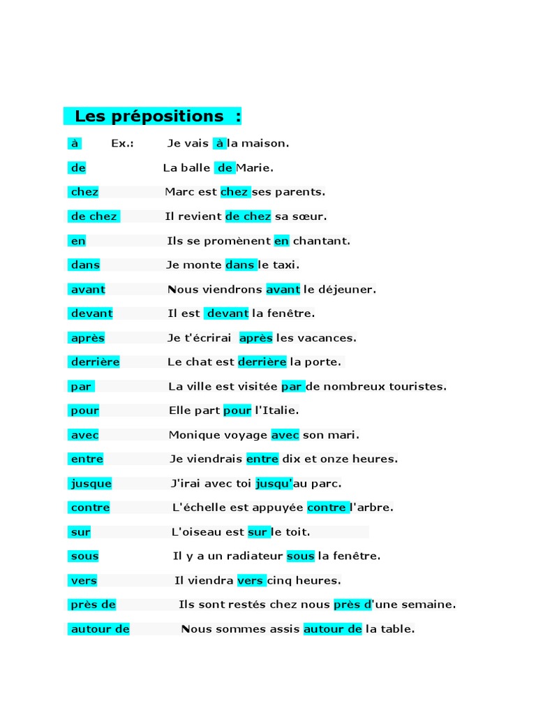 Liste des prépositions en français | PDF | Linguistique