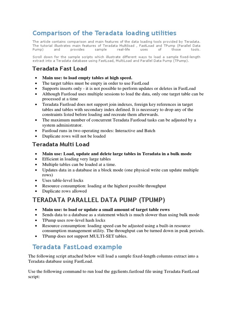 Comparison Of The Teradata Loading Utilities Pdf Database Index Databases