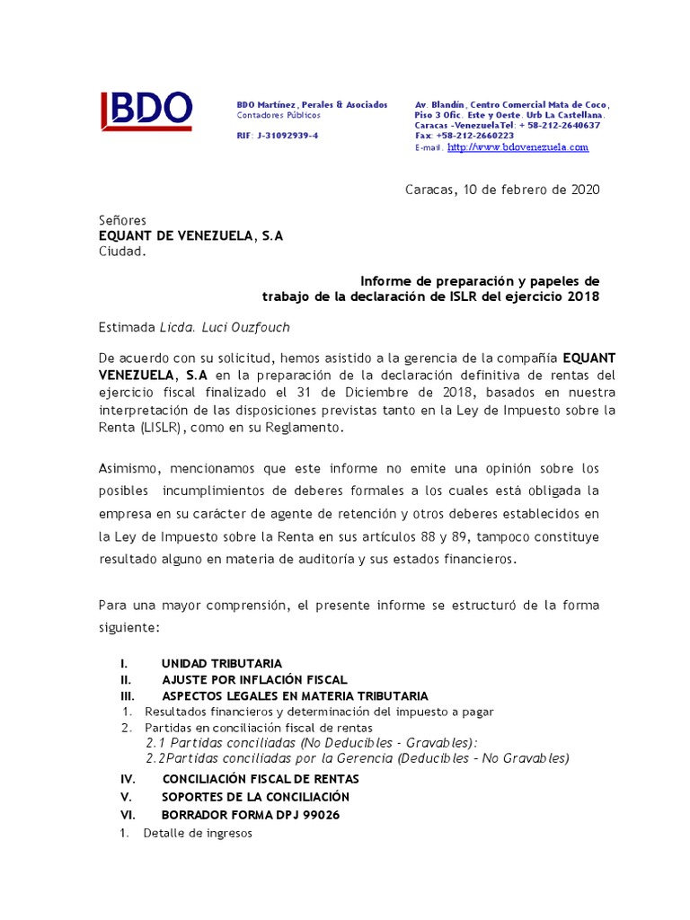 BDO Informe Preparacion Equant Venezuela ISLR 2018. | PDF | Salario ...