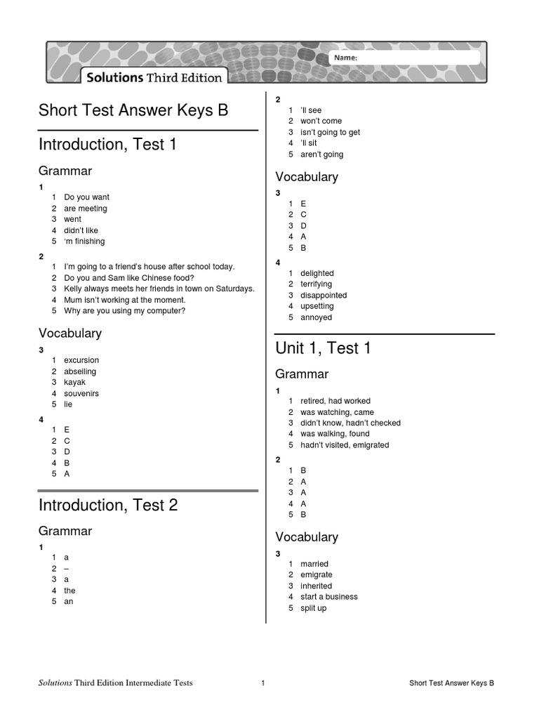 Sol3e Int Short Test Answer Keys B PDF | PDF