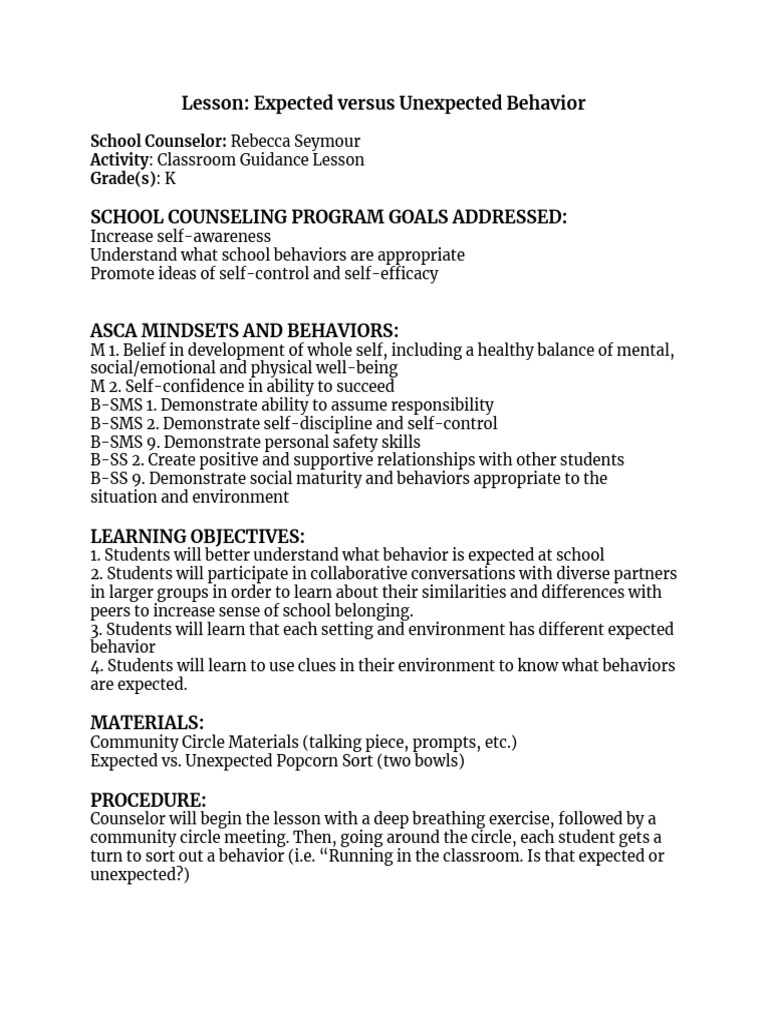 Lesson Expected Versus Unexpected Behavior | PDF | School Counselor ...