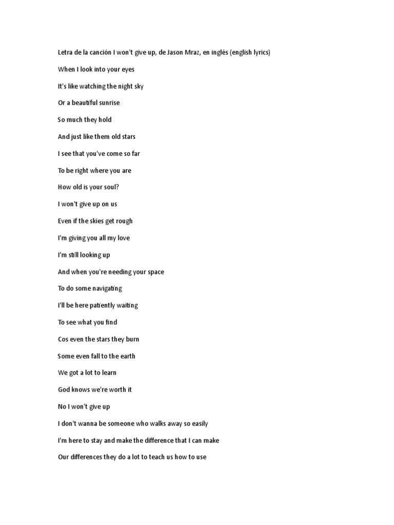 Letra de "I Won't Give Up" - Jason Mraz | PDF | American Pop Songs ...