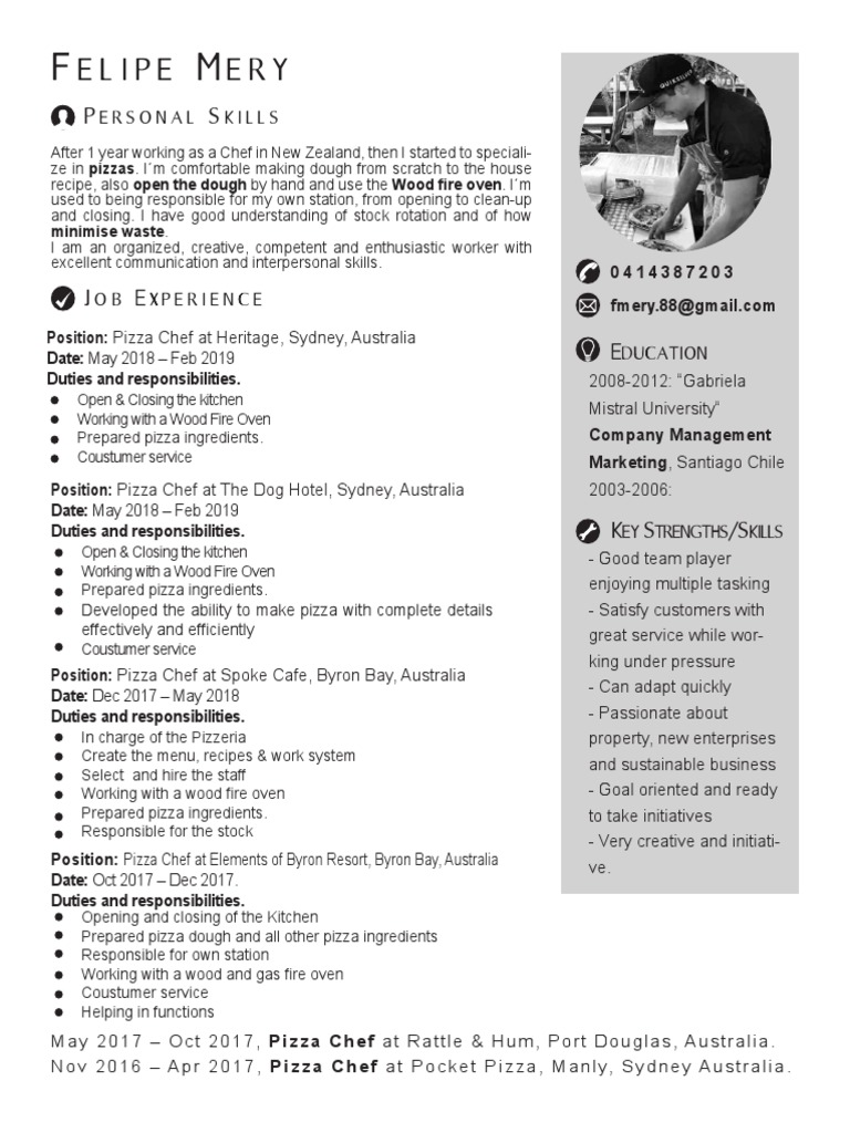 CV pizzaiolo formato Australiano | Pizza | Chef