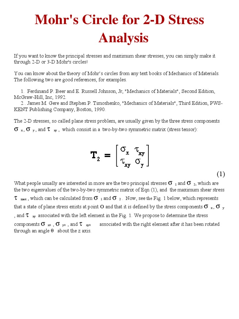 Mohr's Circle For 2-D Stress Analysis: X y Xy | PDF | Stress (Mechanics ...