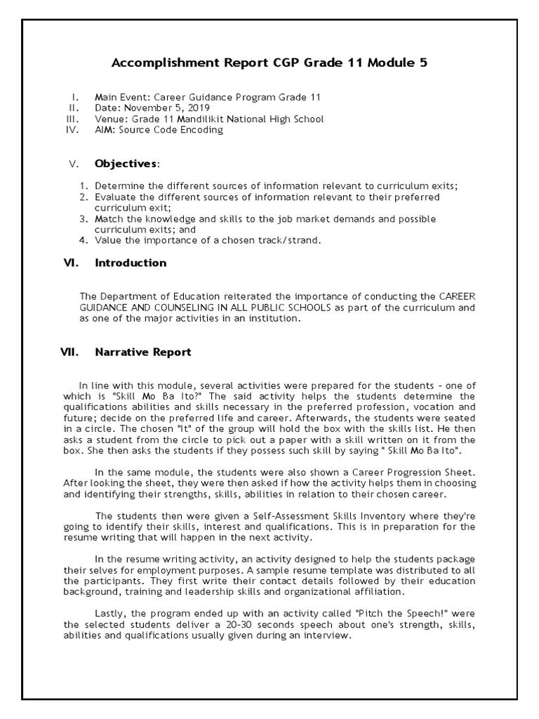 Accomplishment Report CGP Grade 11 Module 5 | PDF | Curriculum ...