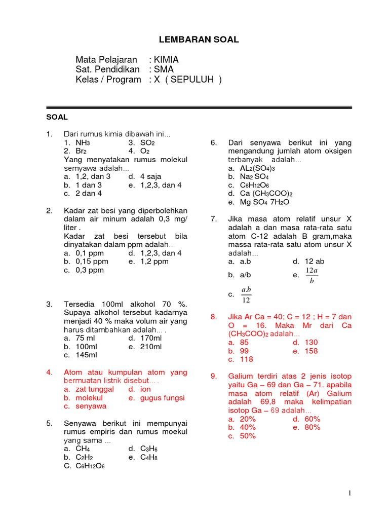 Soal Kimia X 1 | PDF