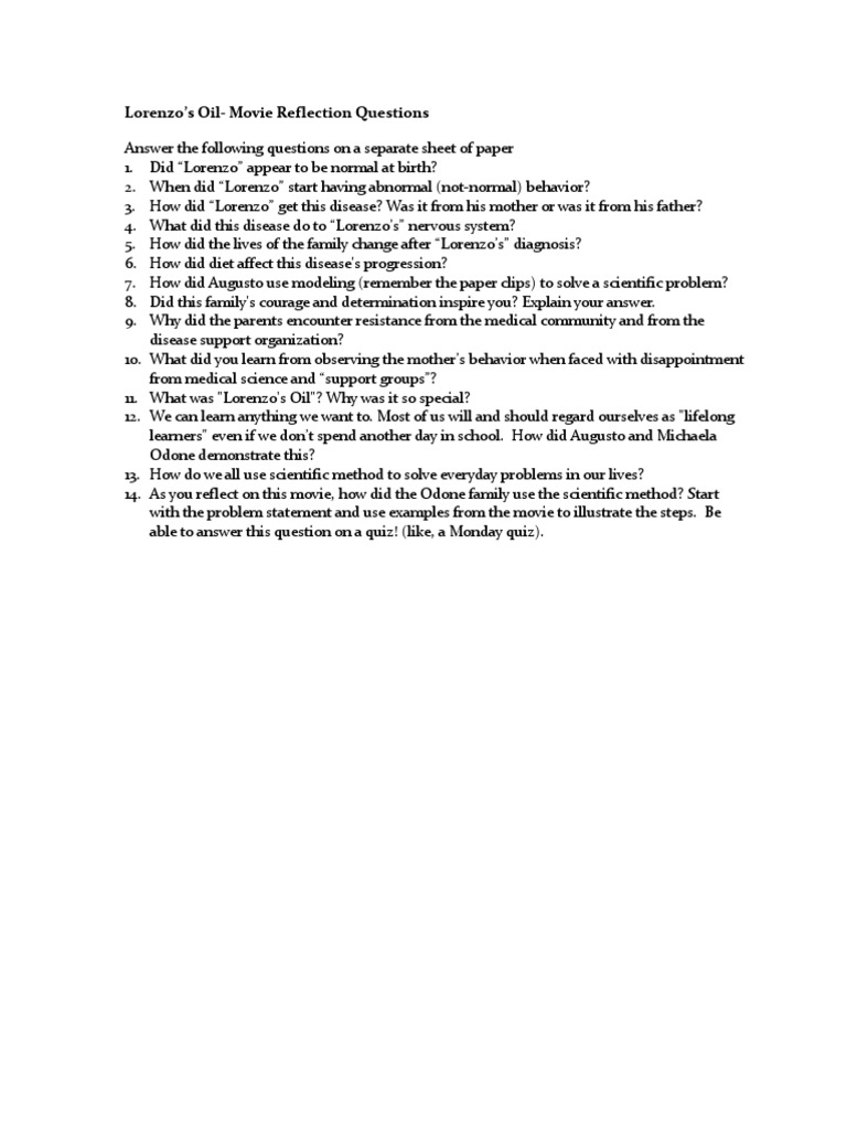Lorenzo's Oil Movie Reflection Questions | PDF | Self-Improvement ...