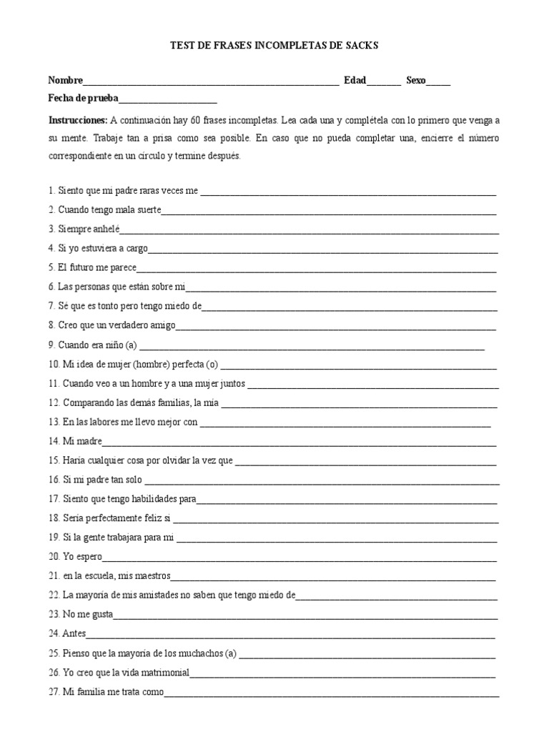 Test de Frases Incompletas de Sacks | PDF | Sicología