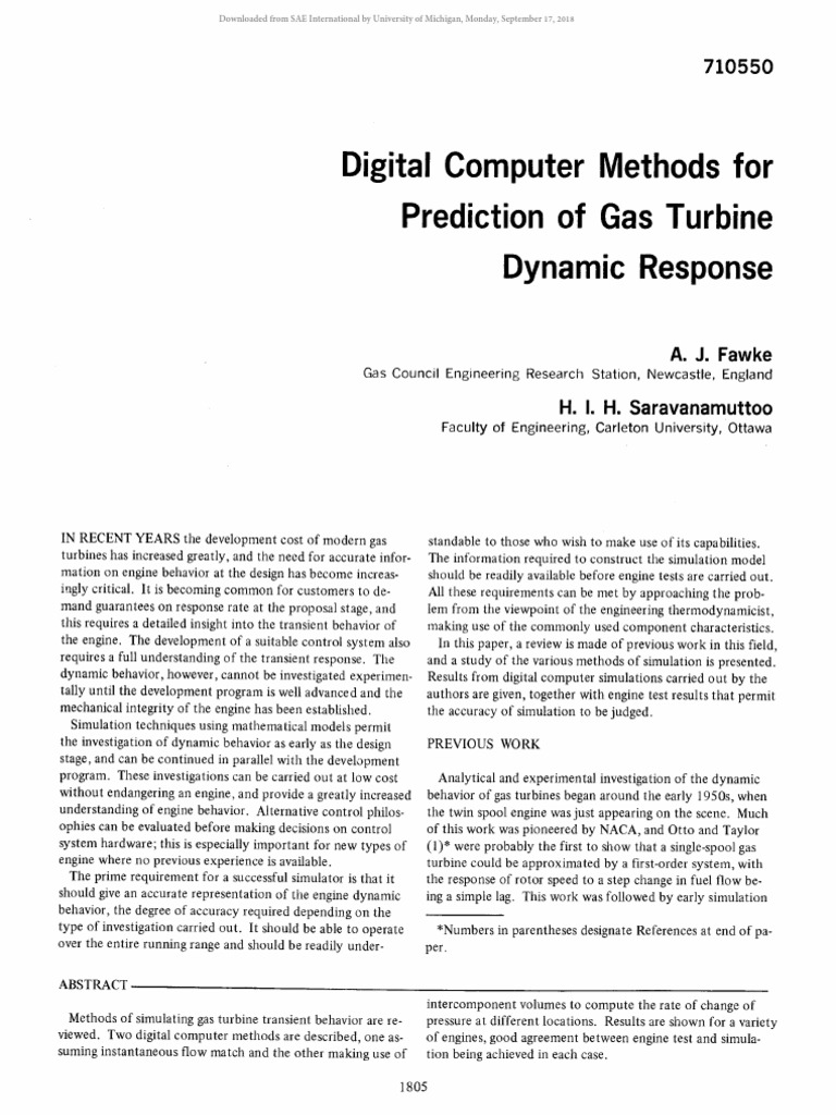 Digital Computer Methods For Prediction of Gas Turbine Dynamic Response ...
