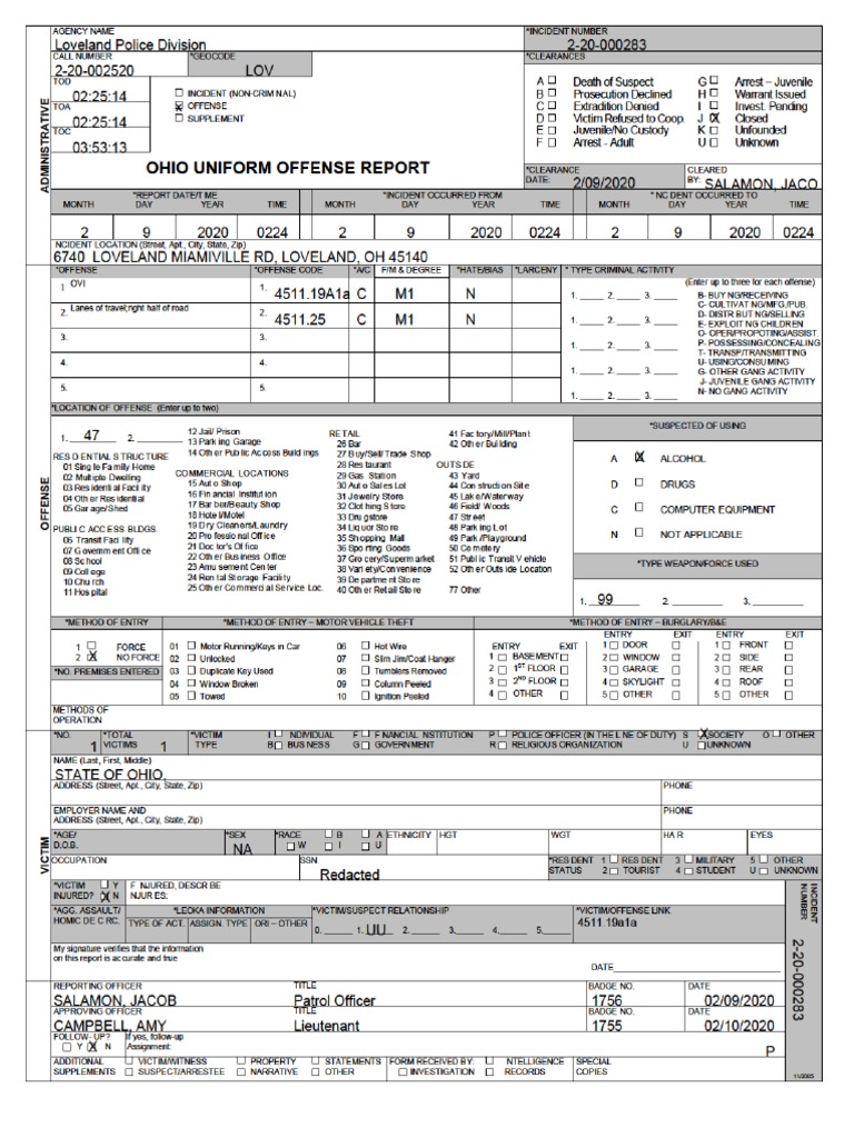 Loveland Offense Report For CPD Officer OVI Arrest | Download Free PDF ...
