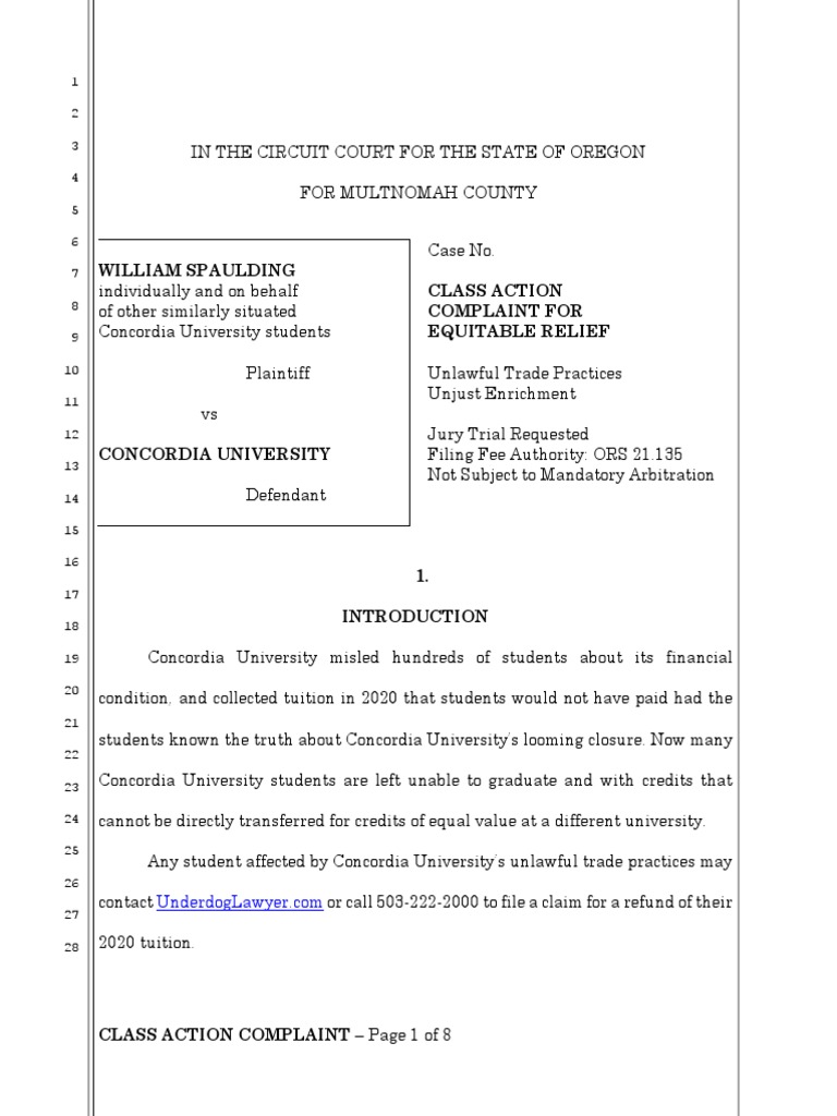 Concordia University Class Action Lawsuit | PDF | Complaint | Class Action