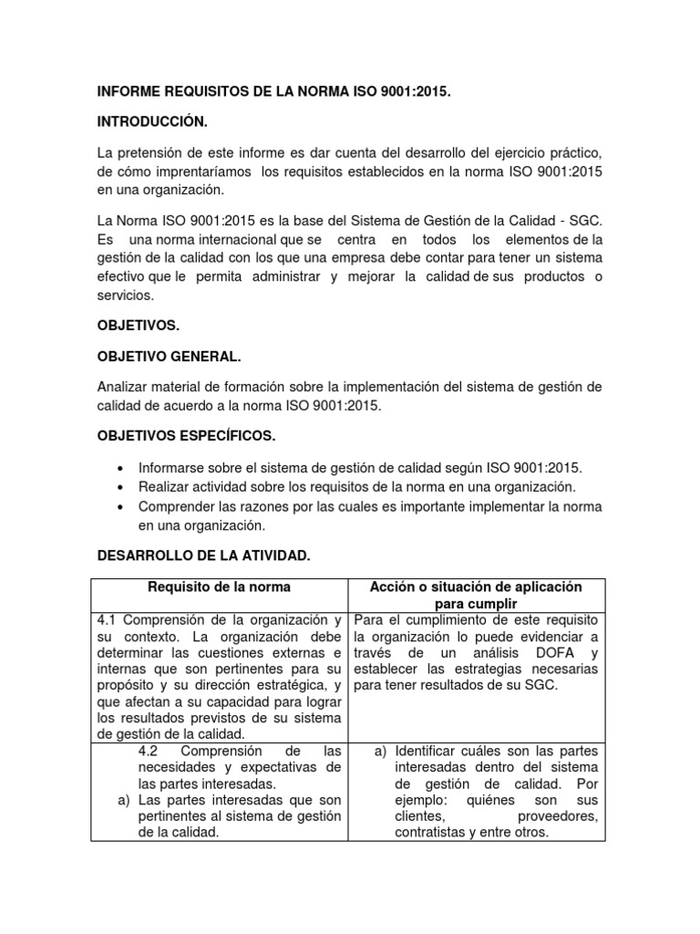 Informe Requisitos de La Norma Iso 9001 | PDF | Gestión de la calidad ...