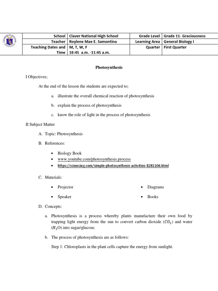 Detailed Lesson Paln in Photosynthesis Gen. Biology 1 | PDF ...