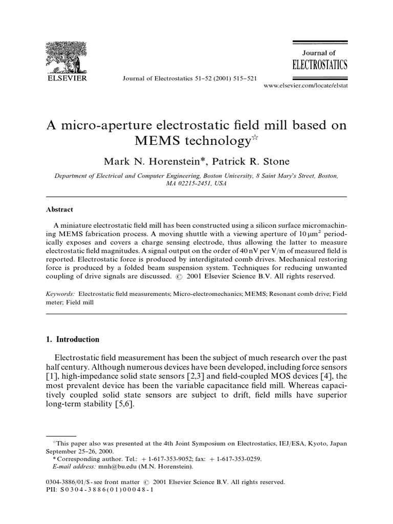 2001 - Horenstein - A Micro-Aperture Electrostatic Field Mill Based On MEMS Technology | PDF ...
