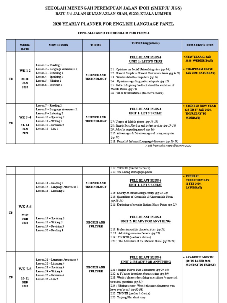 2020 Yearly Planner For English Language Form 4 | PDF | Linguistics ...