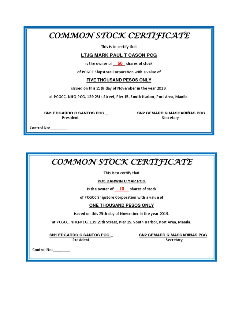 Common Stock Certificates for PCGCC | PDF | Financial Markets | Legal ...