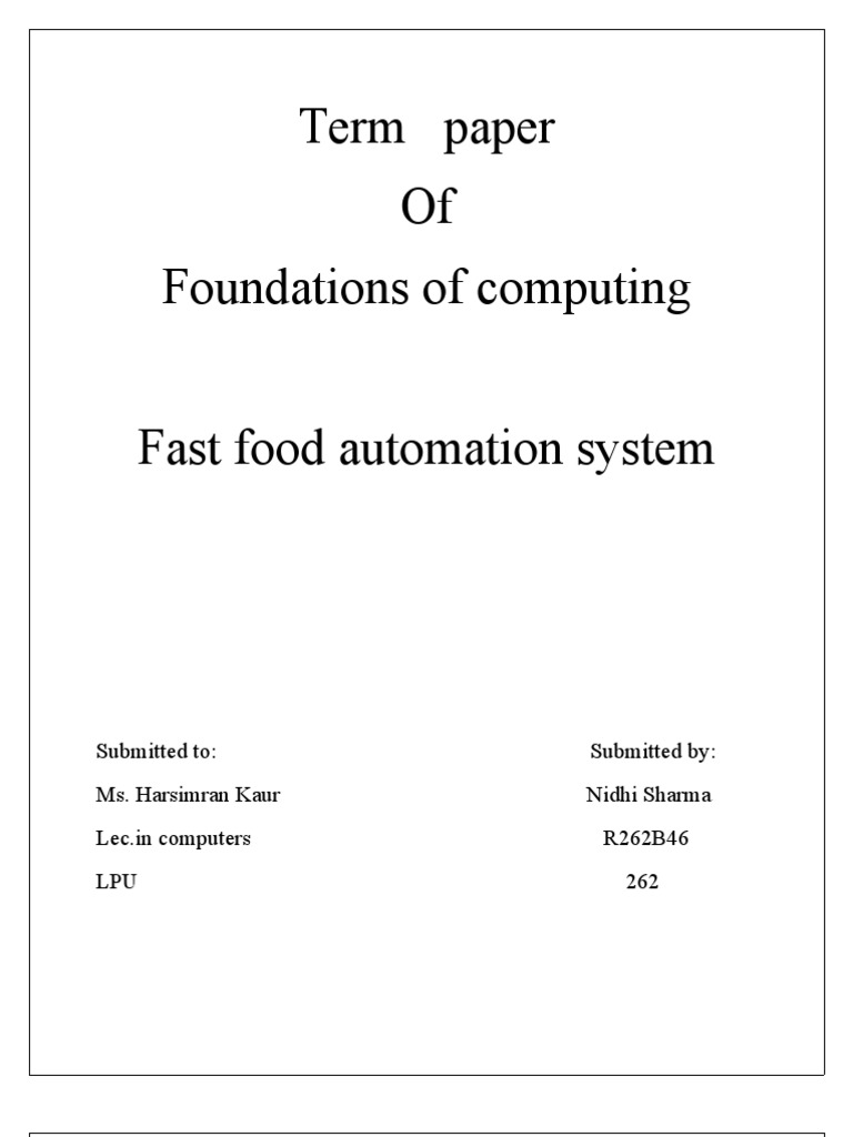 Term Paper of Foundations of Computing Fast Food Automation System ...