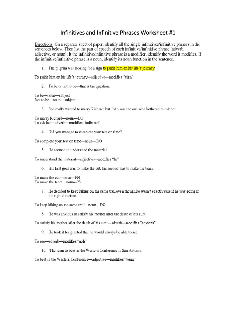 Infinitive Phrases Worksheet With Answers 2016 | PDF | Adverb | Adjective Infinitive Phrases Worksheet With Answers 2016 | PDF | Adverb | Adjective