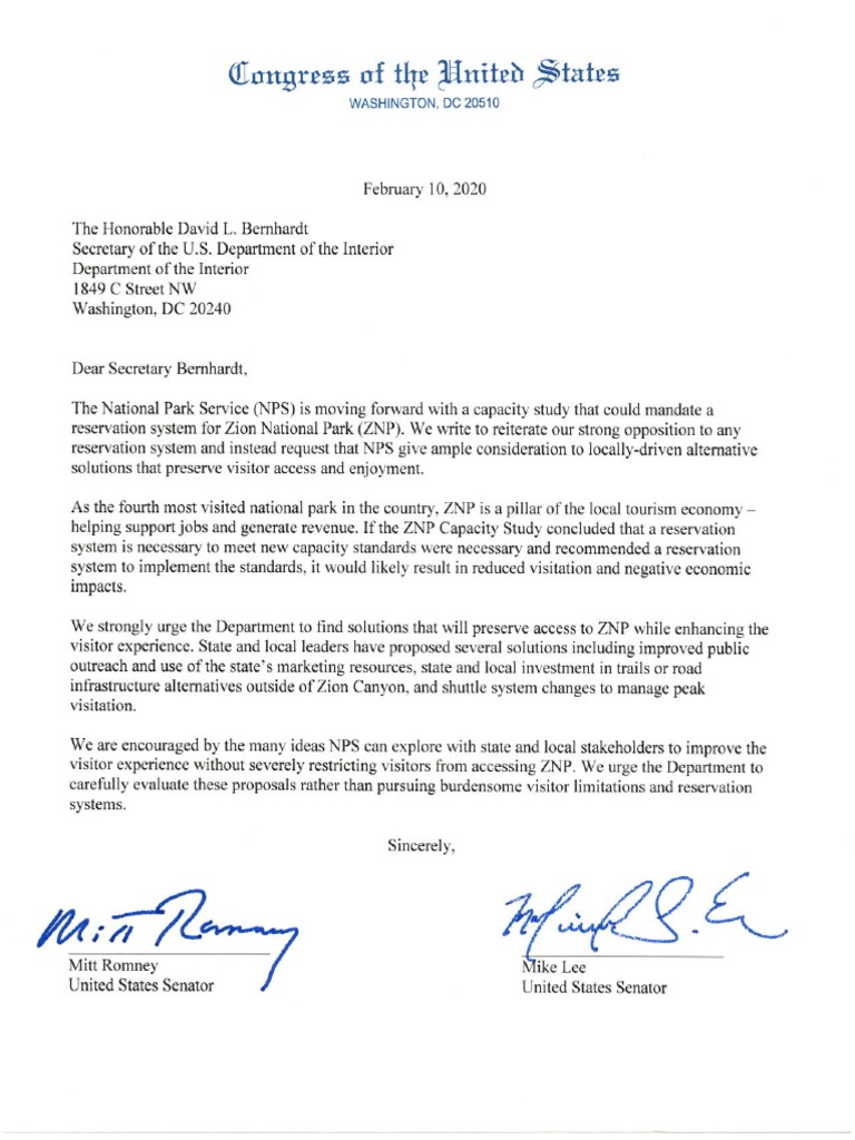Zion National Park letter