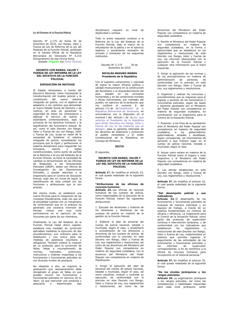 Ley Del Estatuto De La Función Policial Pdf Policía Regulación