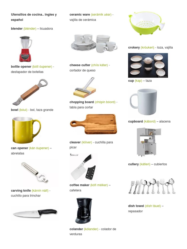 Utensilios de Cocina Ingles y Español | PDF