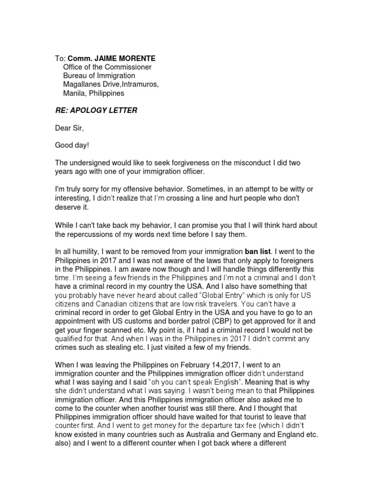 Aplology Letter For Immigration | PDF | Immigration