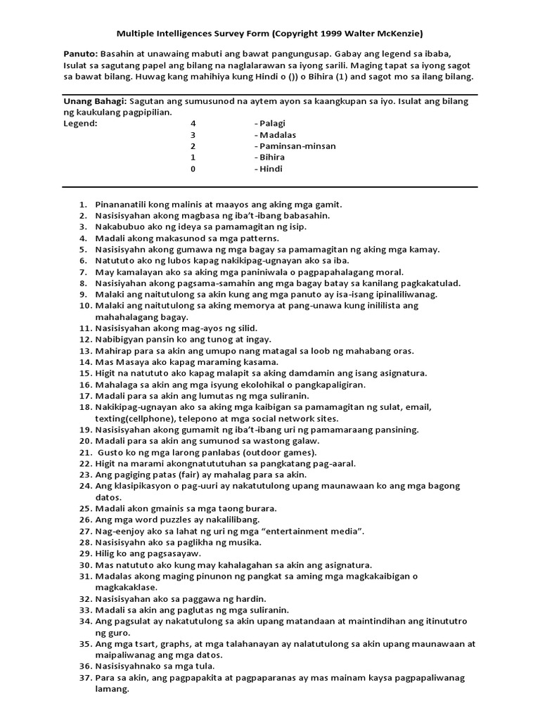 Multiple Intelligences Survey Form