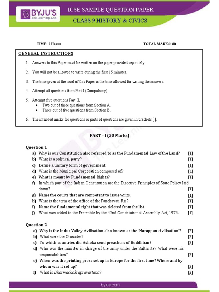 ICSE Class 9 History and Civics Sample Paper 1 | PDF | Government