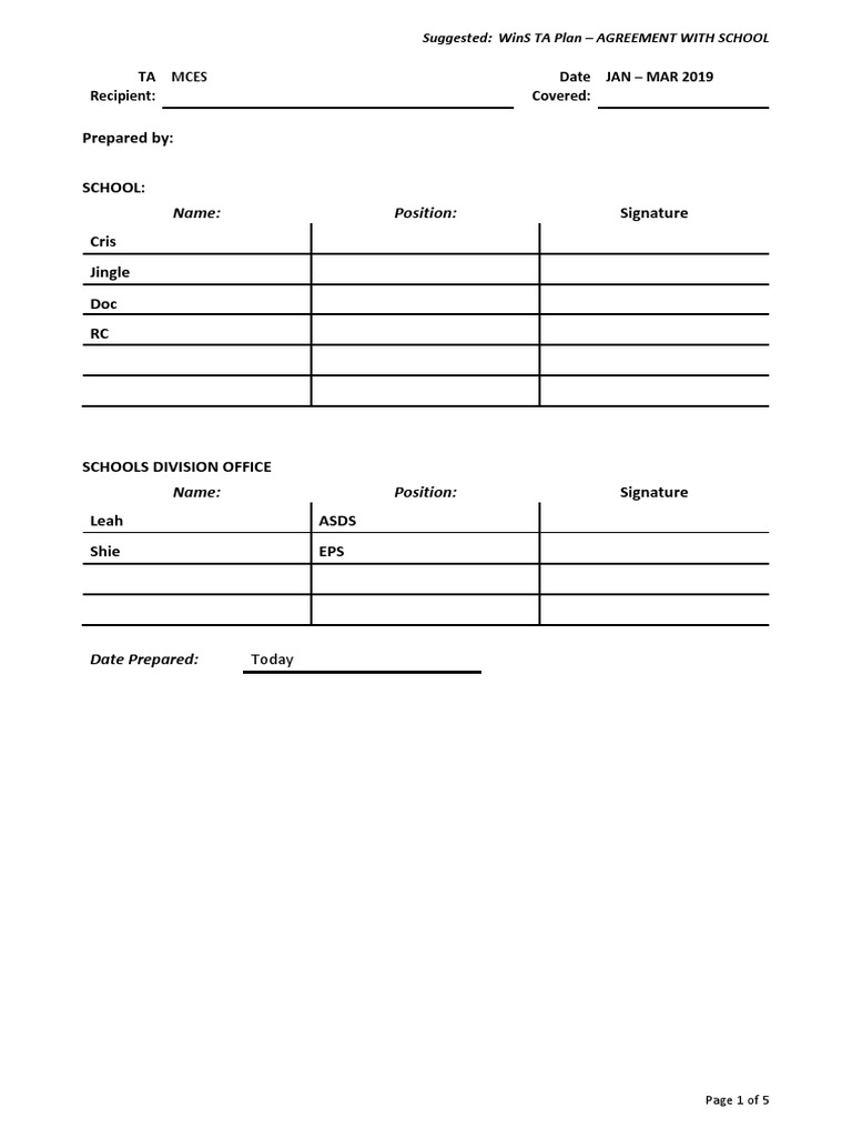 WinS TA Plan Agreement Between MCES and the Schools Division Office ...